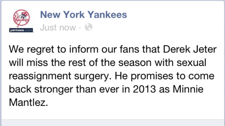 Deadspin | New York Yankees Facebook Page Announces Derek Jeter To Miss ...