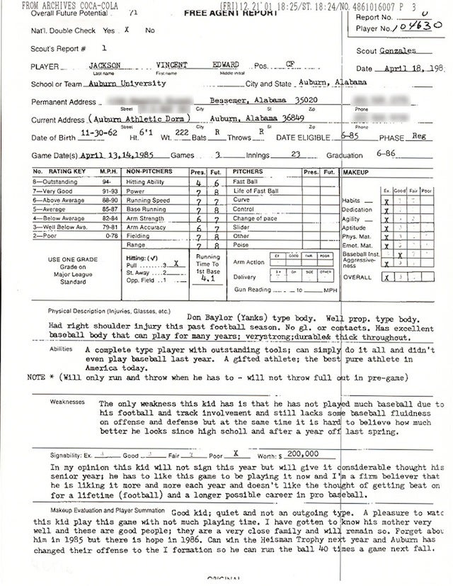 Deadspin | 1985 Bo Jackson Scouting Report: "The Best Pure Athlete In America"