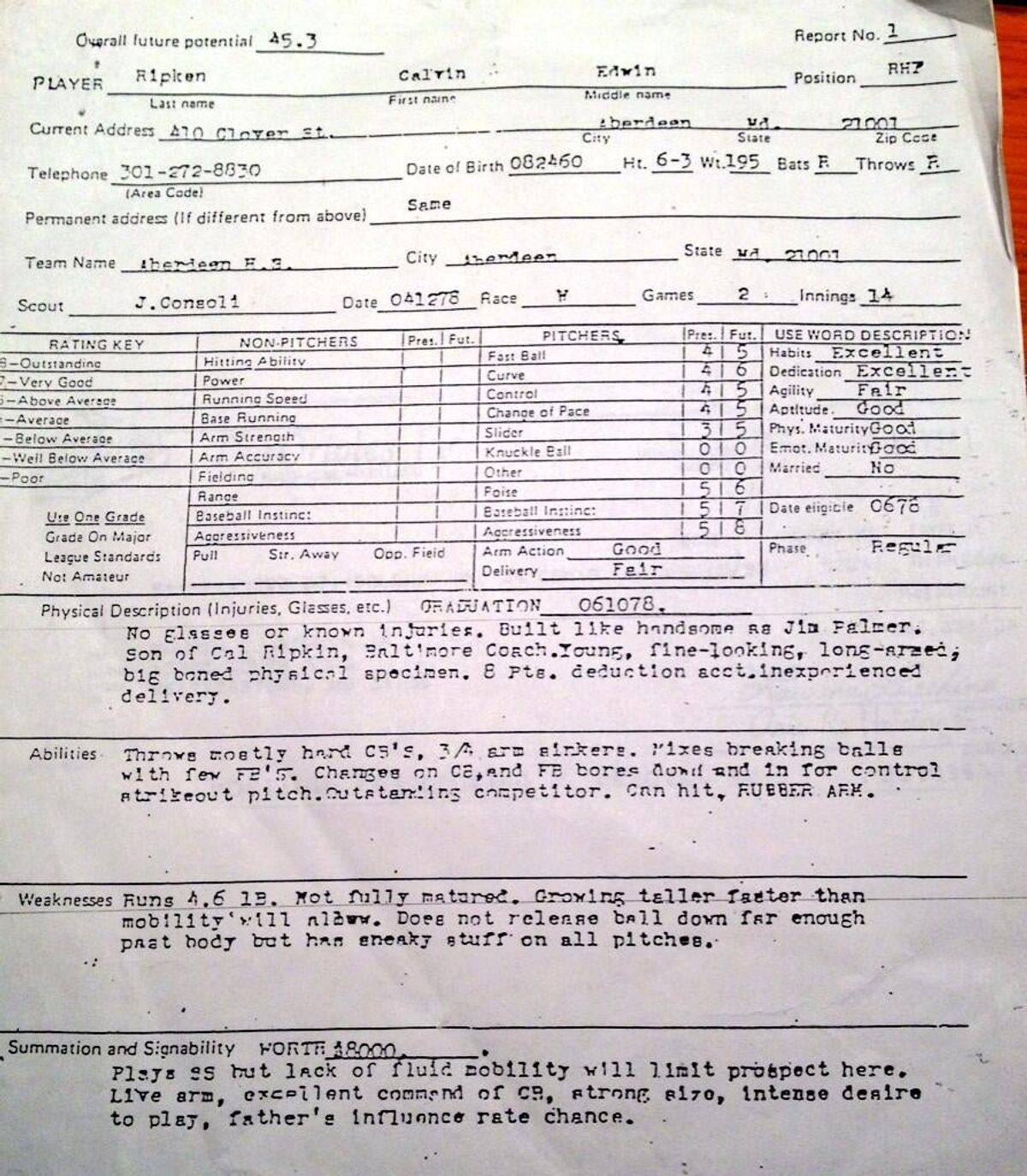 Deadspin | Very Cool: Cal Ripken Jr.'s High School Scouting Report As A ...